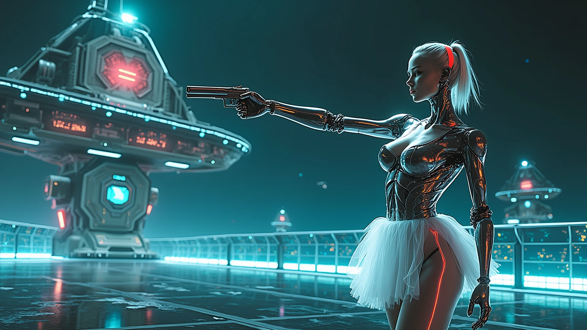 Futuristic woman in tutu with gun pointing at a futuristic spaceship ...