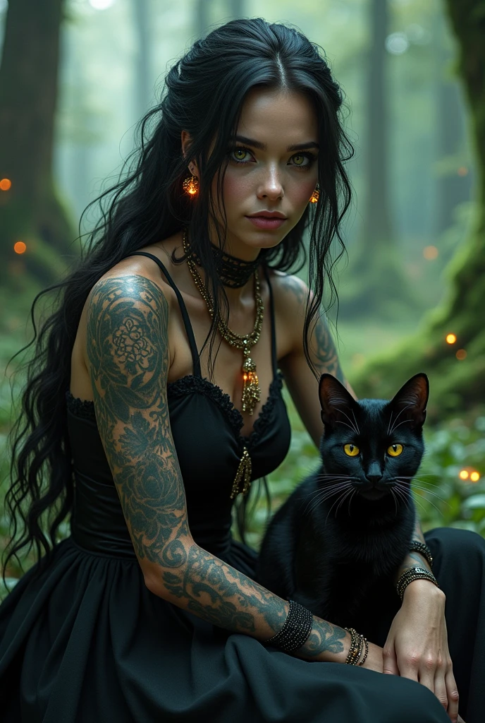 A realistic photo of a beautiful witch with long hair and tattoos ...