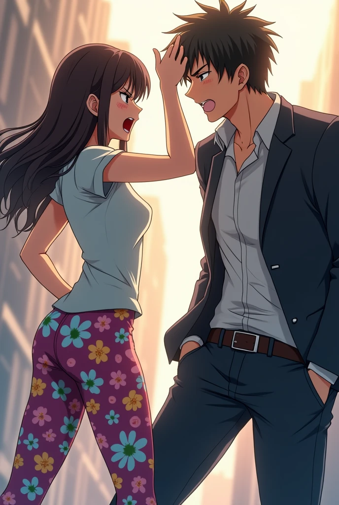 Anime Girl in Floral Leggings and Short Sleeve shirt angrily slapping a ...