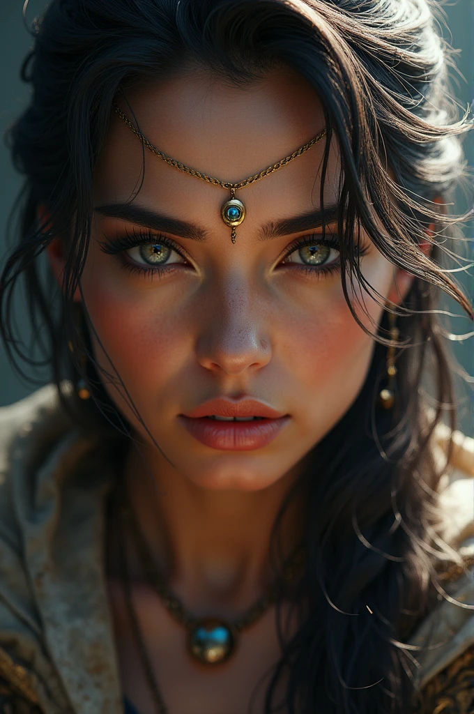 A woman warrior face, extremely detailed face and features, beautiful ...