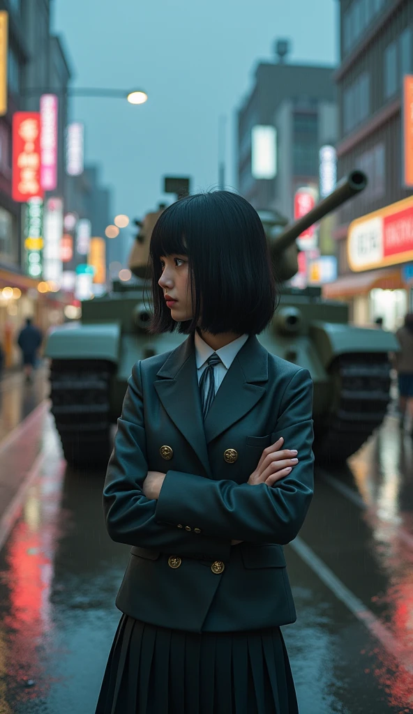 Realistic、Real、live-action、rain、bustling street、The city lights reflect ...