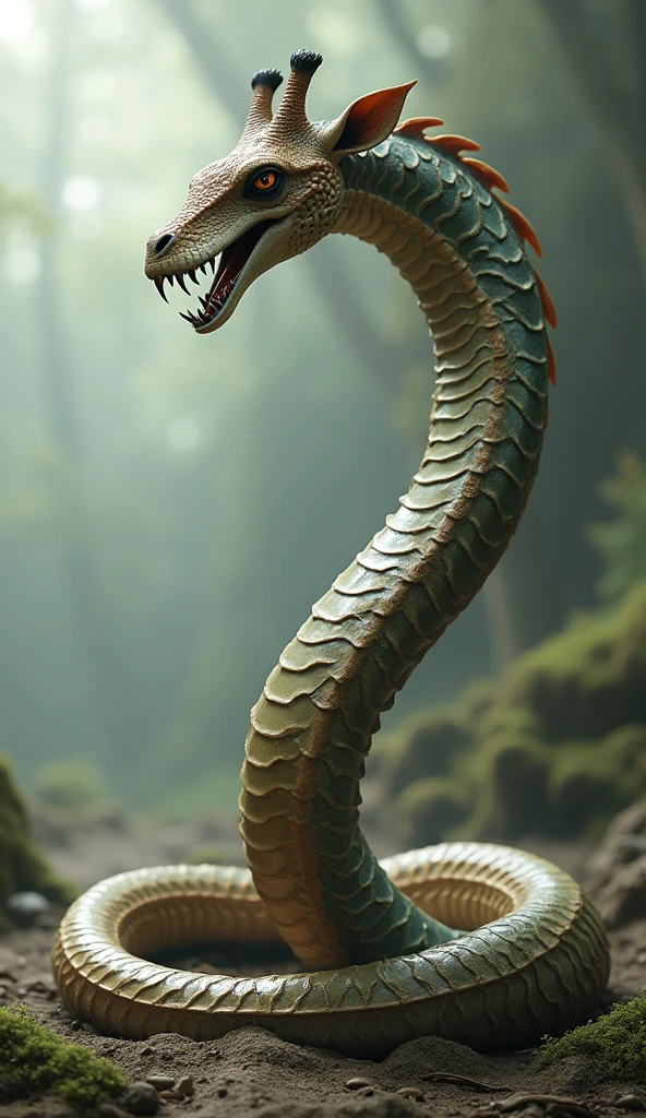 Picture a long-necked giraffe with snake-like scales running down its ...