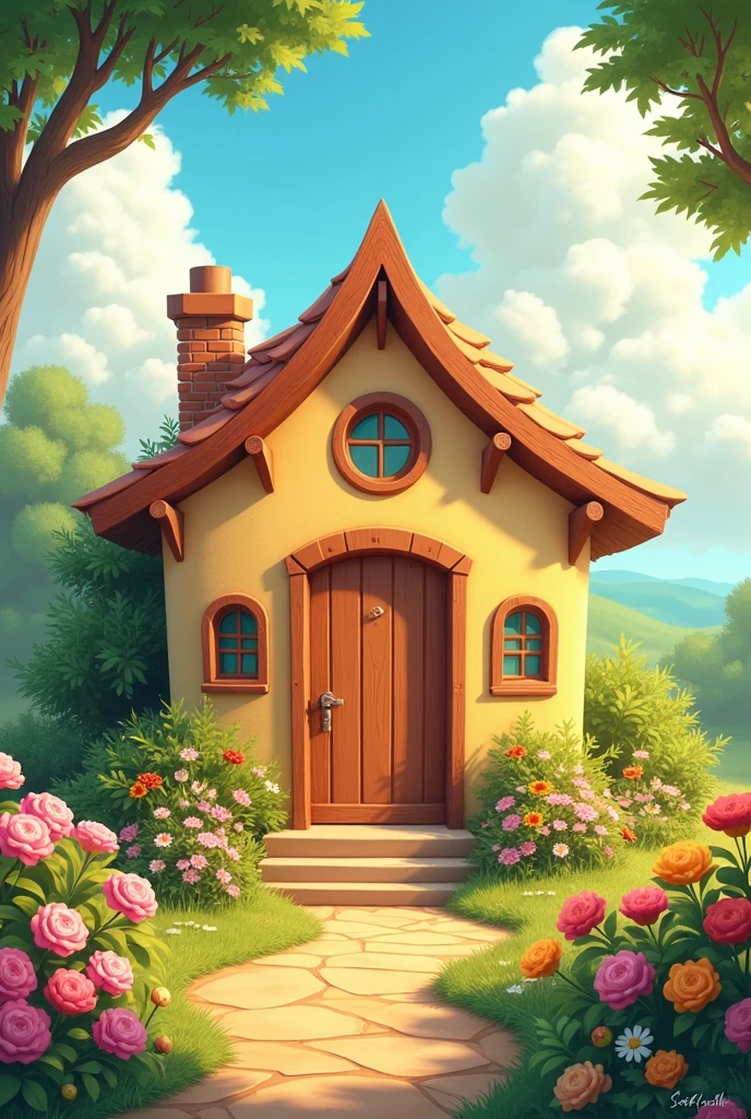 A cozy house with colorful walls and a vibrant, sunny sky backdrop ...