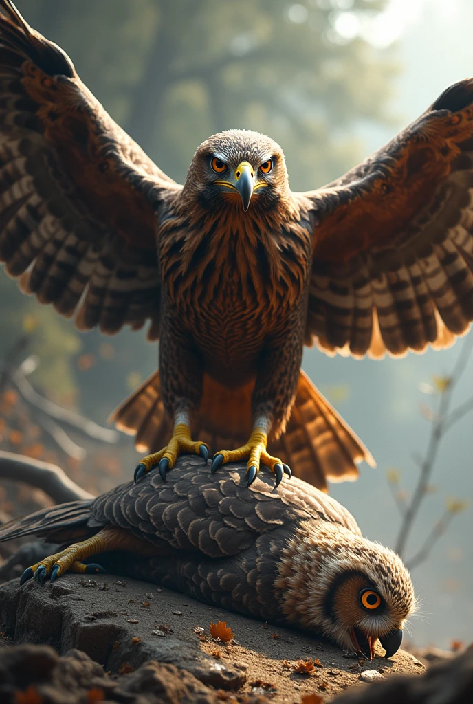 Hawk vs. Owl Hawk perched on top of the defeated Owl lying on the ...