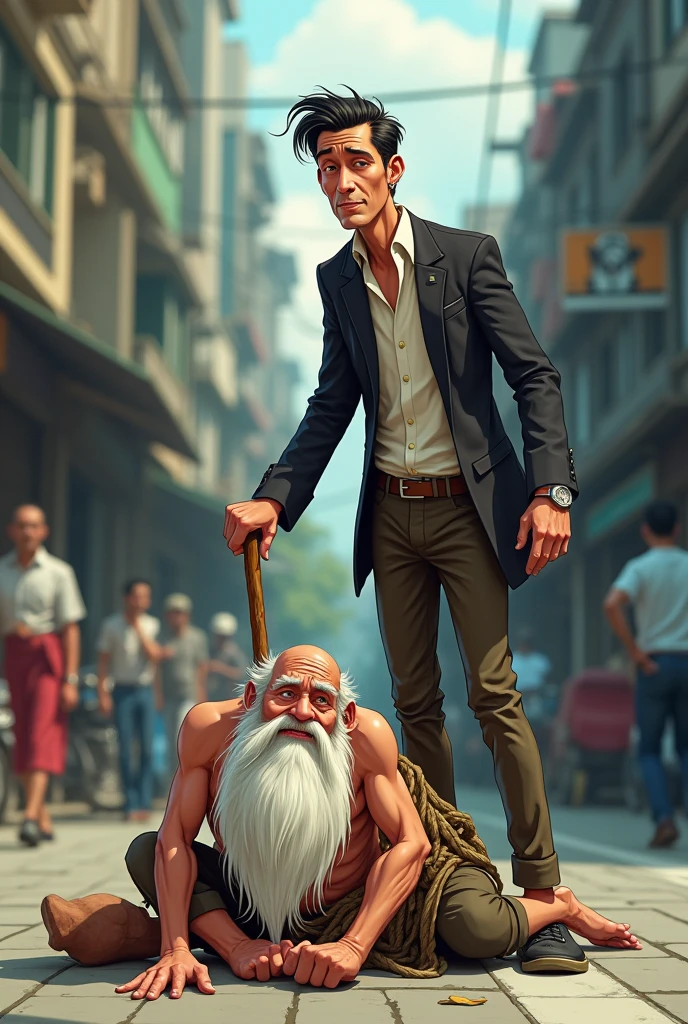 Cartoon of a beggar man with a Thai face, long white beard, thin ...