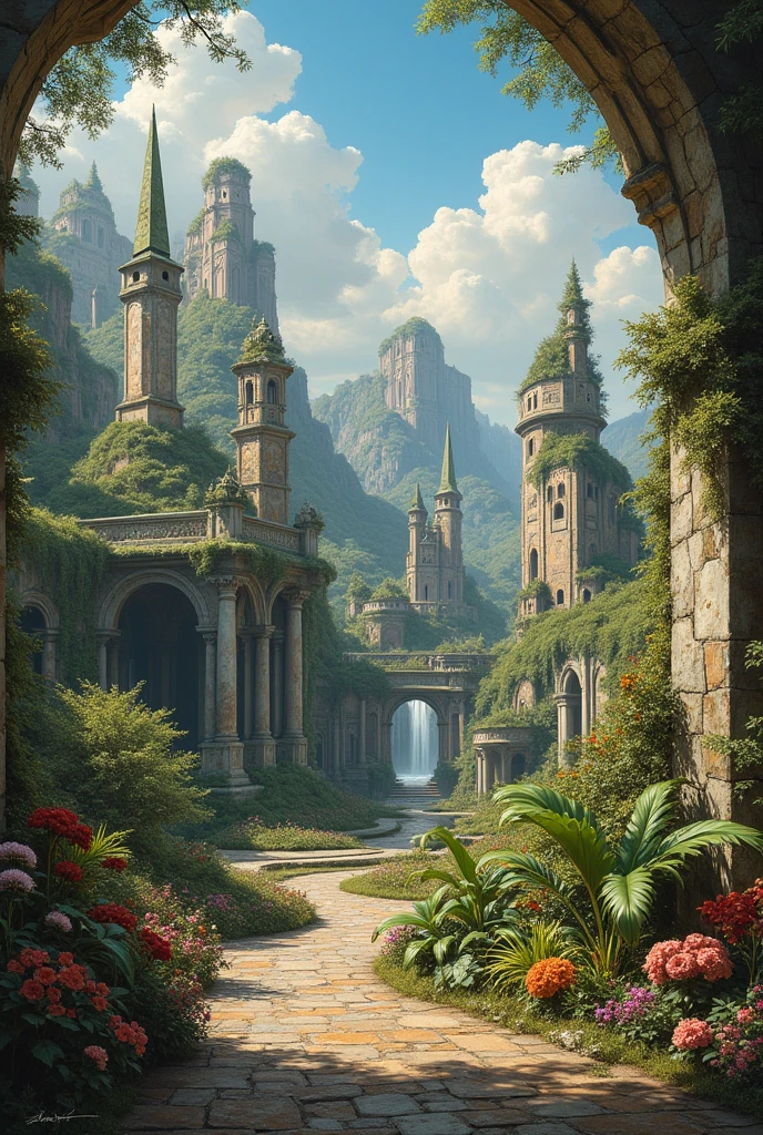 (oil painting), (stylish stonepunk) Panoramic view of a Furist city in ...