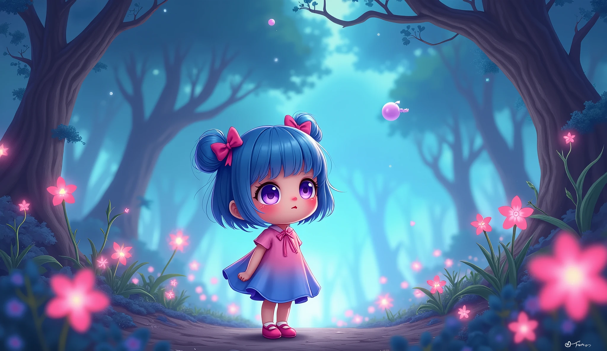 Anime girl in a pink dress standing in a forest with flowers - SeaArt AI