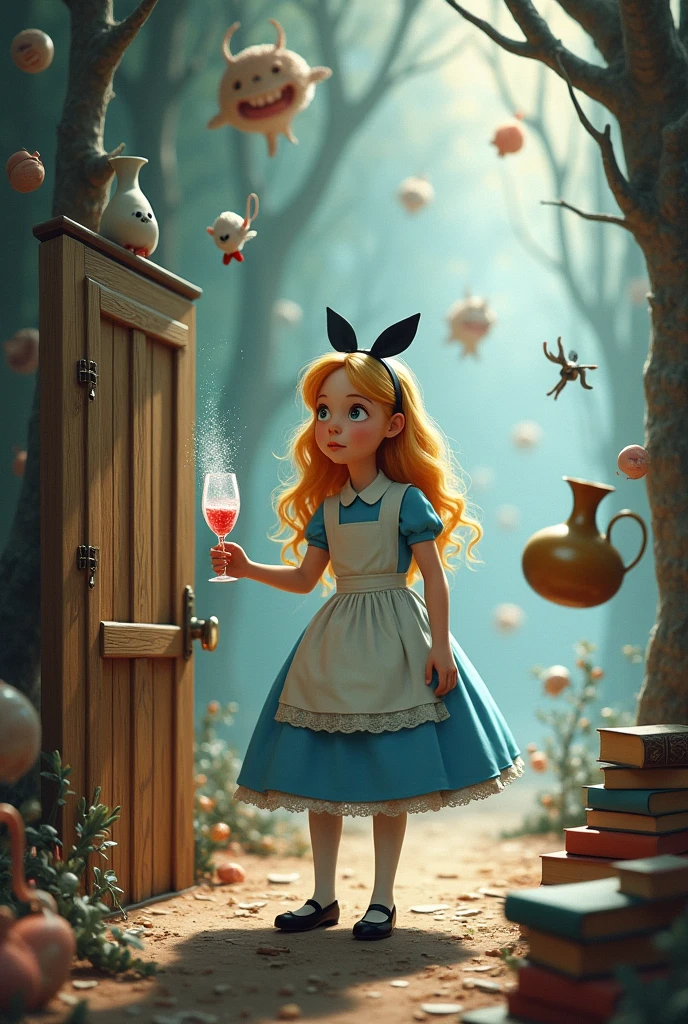 Alice in the hole with floating objects, sees a little door in the ...