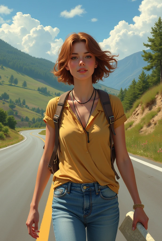 A young beautiful short carly hear woman , she set off on her journey ...