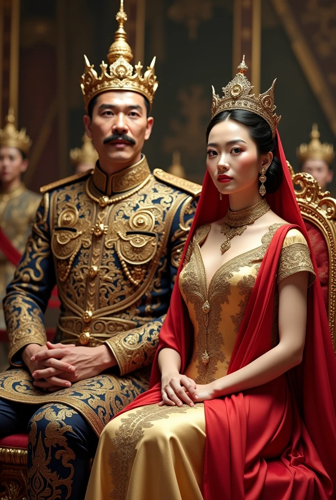 There is a king wearing a traditional Thai royal costume, sitting on a ...