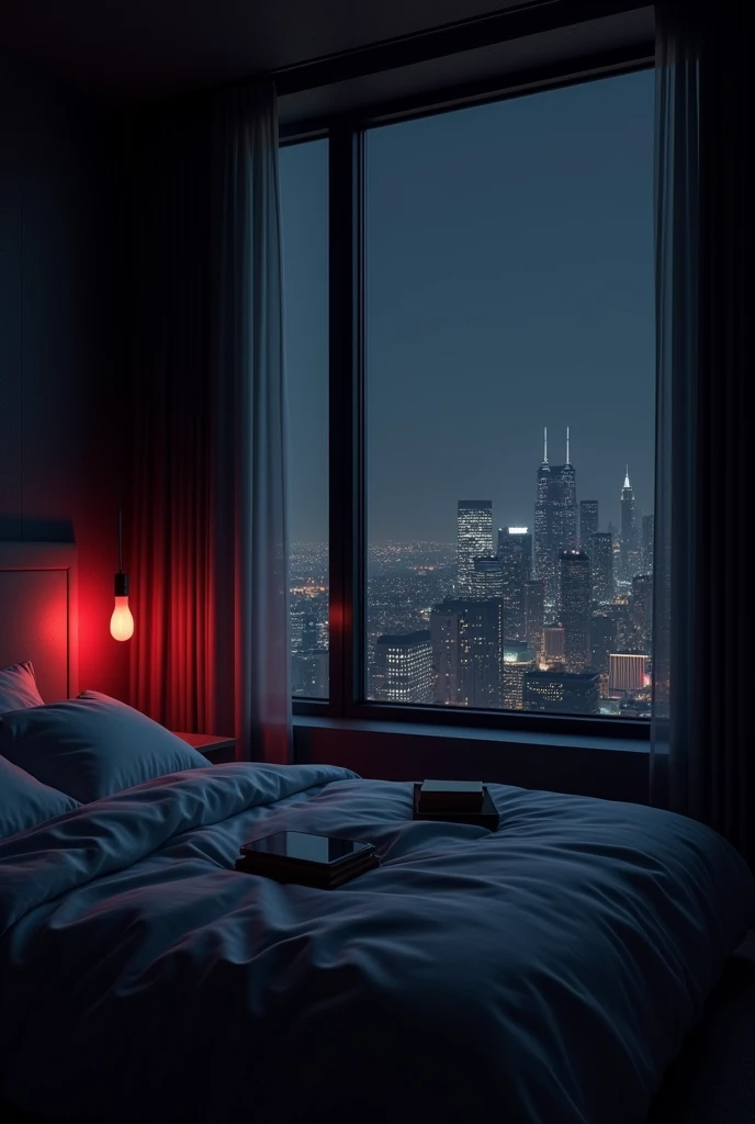 Dark Bedroom and night outside window is a view night city in the room ...
