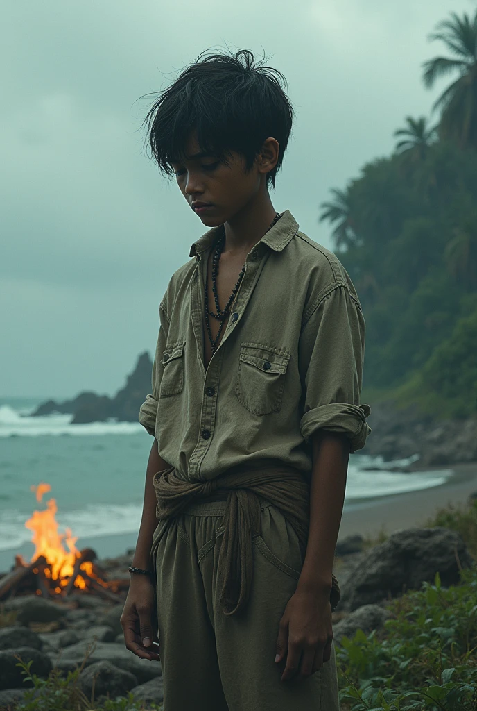 Imagine a very sad and poor adult boy on a unknown island - SeaArt AI