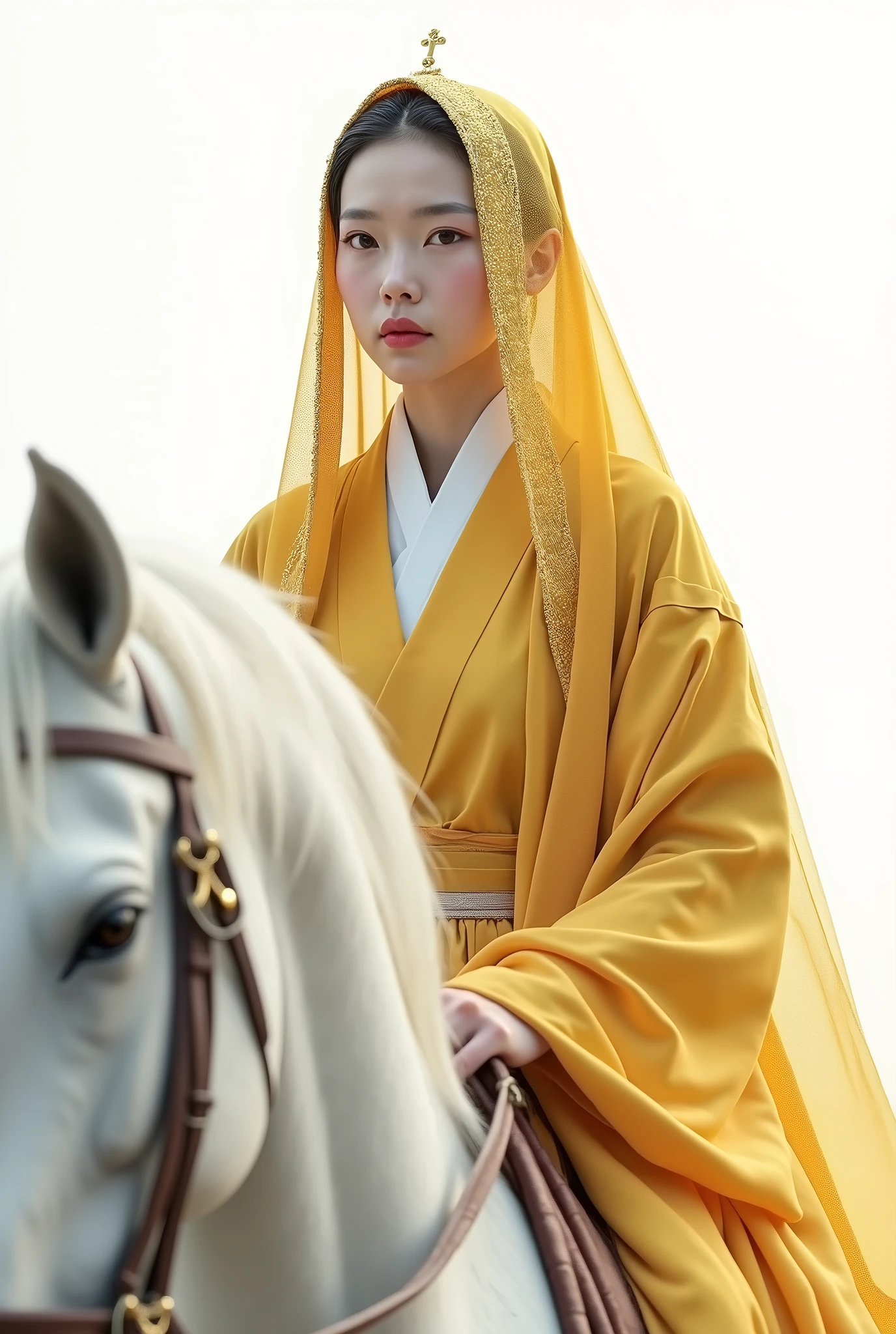 Woman in yellow robe riding a white horse with a yellow headdress ...