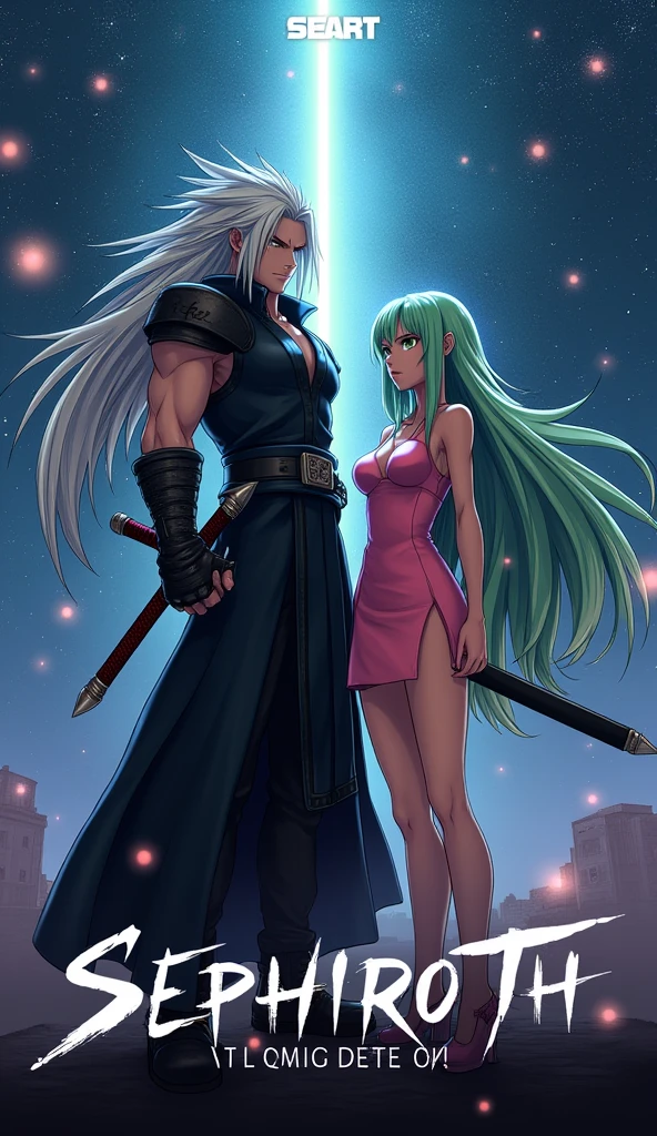 "A dynamic poster featuring Sephiroth with long silver hair and his ff7 ...