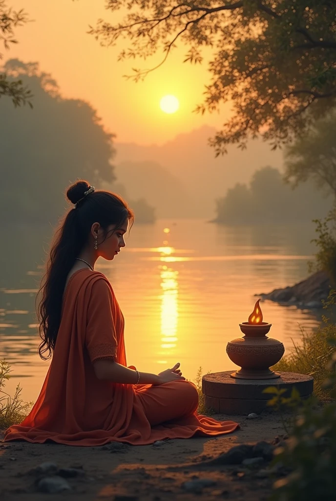 A girl whom age is near by 20 or. 21 she is sit side by shivling at a ...