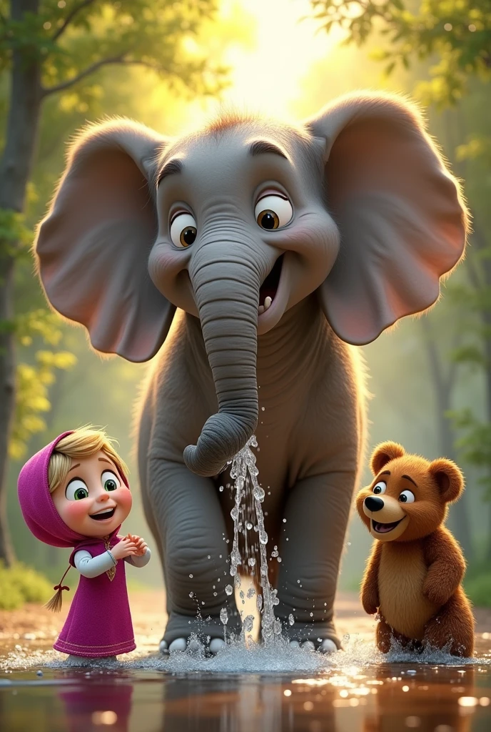 Elephant Celebrates by Spraying Water on Masha and Bear** - SeaArt AI