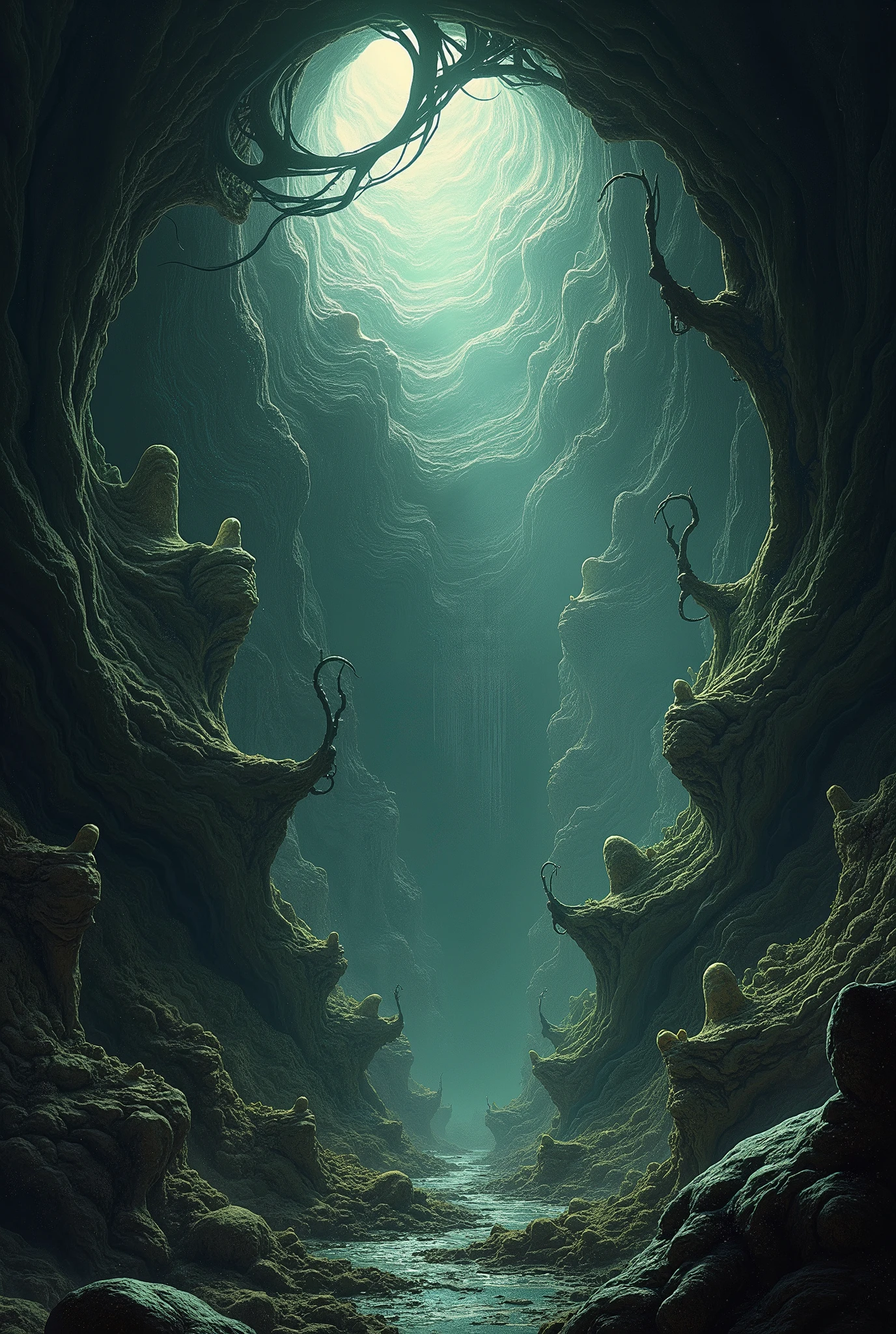 There is a painting of a cave with a river running through it - SeaArt AI