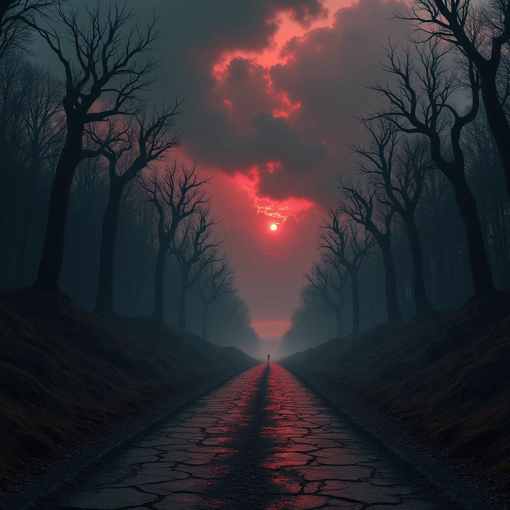 4k, road to hell,dead trees,bloody red,heavy clouds,sinister - SeaArt AI