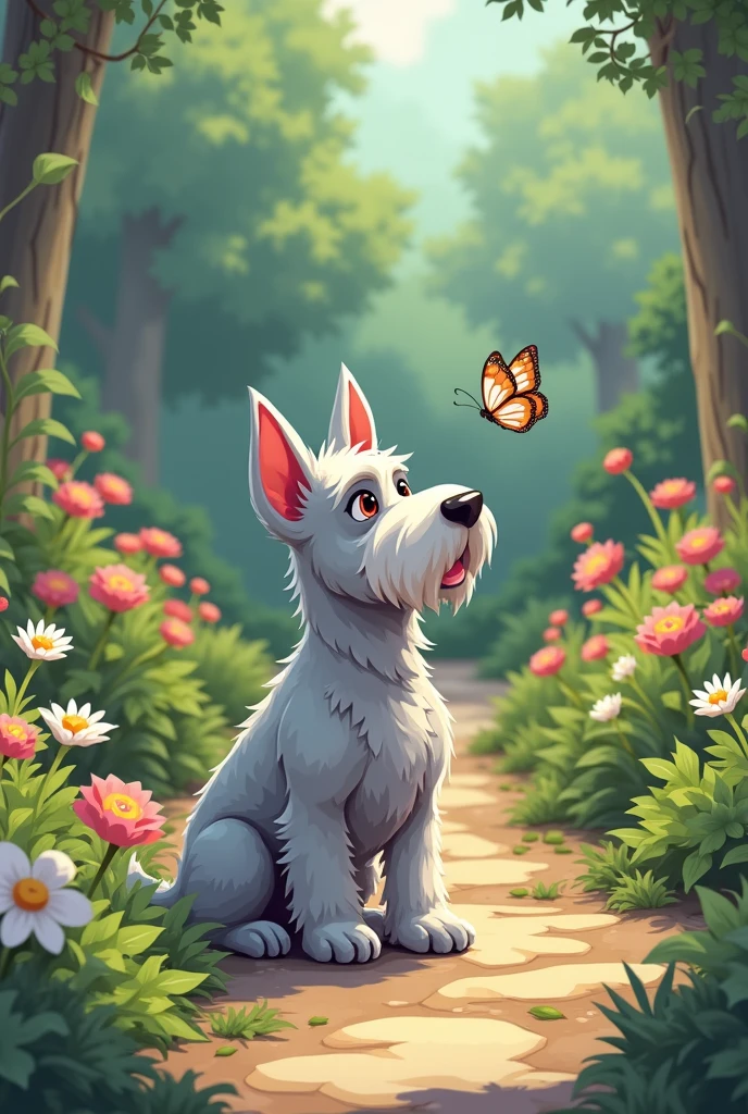 Generate a light gray schnauzer type dog with a butterfly in the garden ...