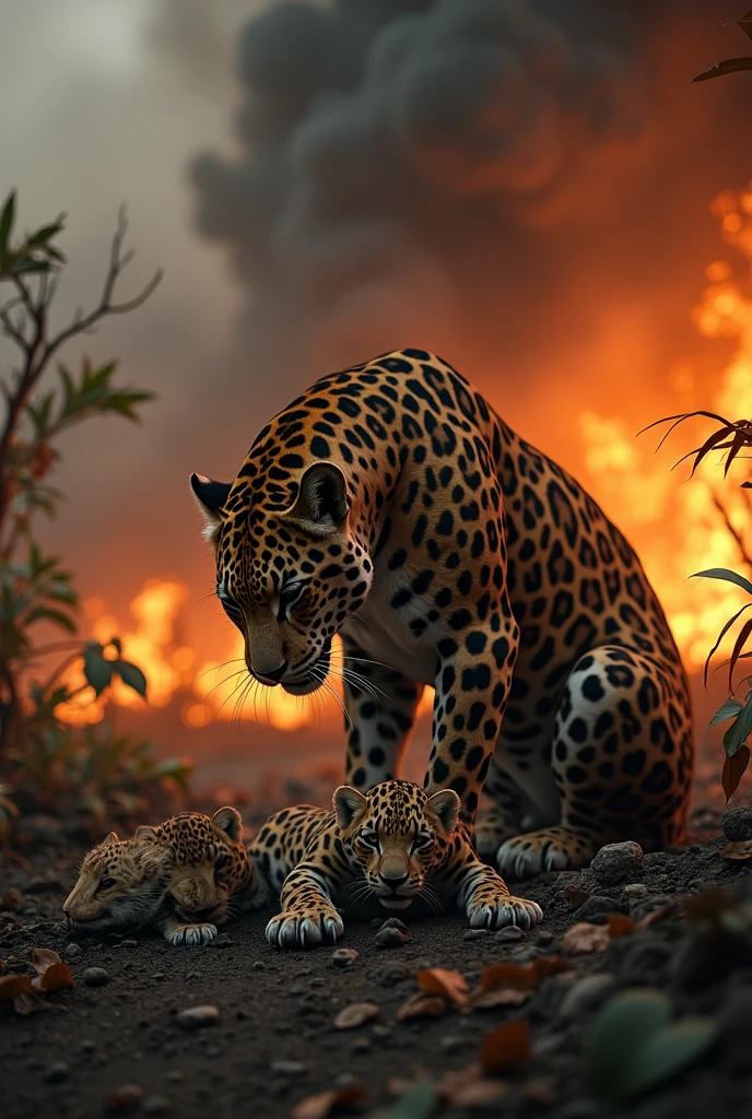 Image of a sad jaguar crying with its dead cubs and a burning jungle in ...