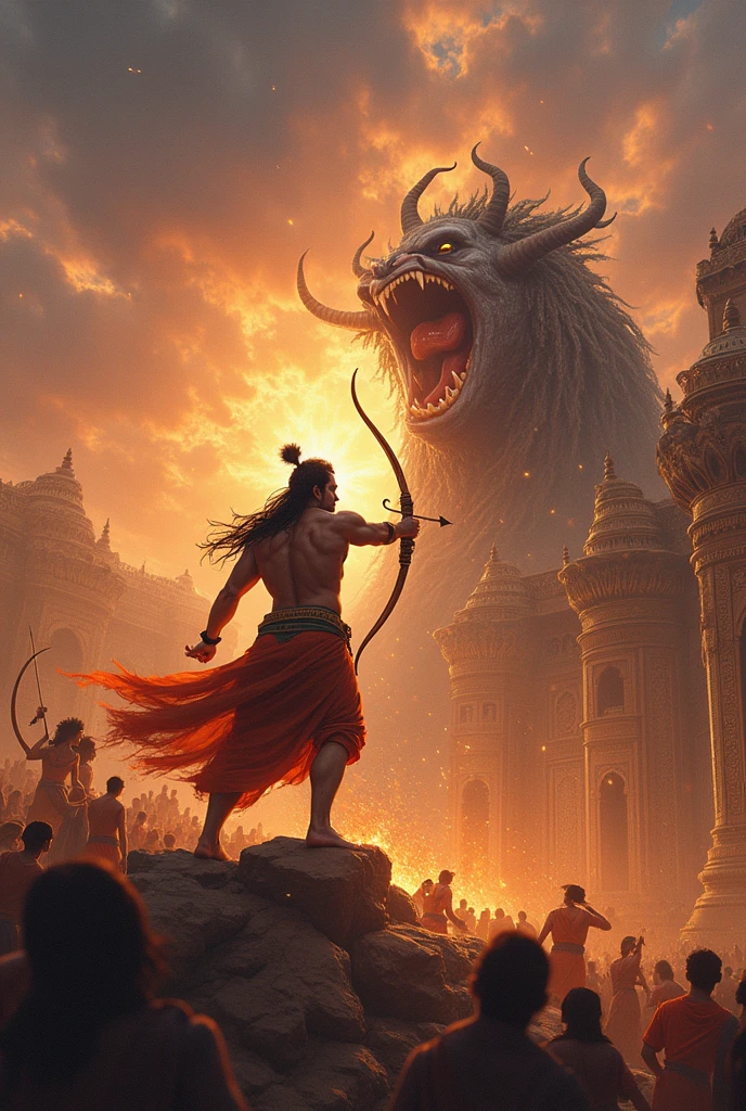 Show a Dusshera realistic drawing where ram ji killing ravan - SeaArt AI