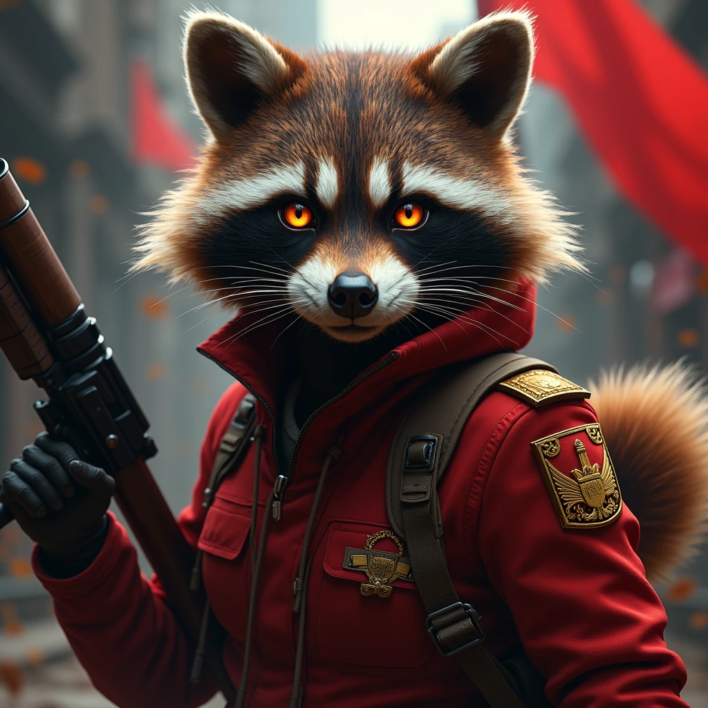 Profile photo of a female guerrilla raccoon with red details on her ...