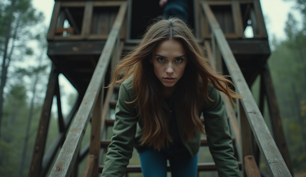 A woman with long brown hair and green eyes descending a steep wooden ...