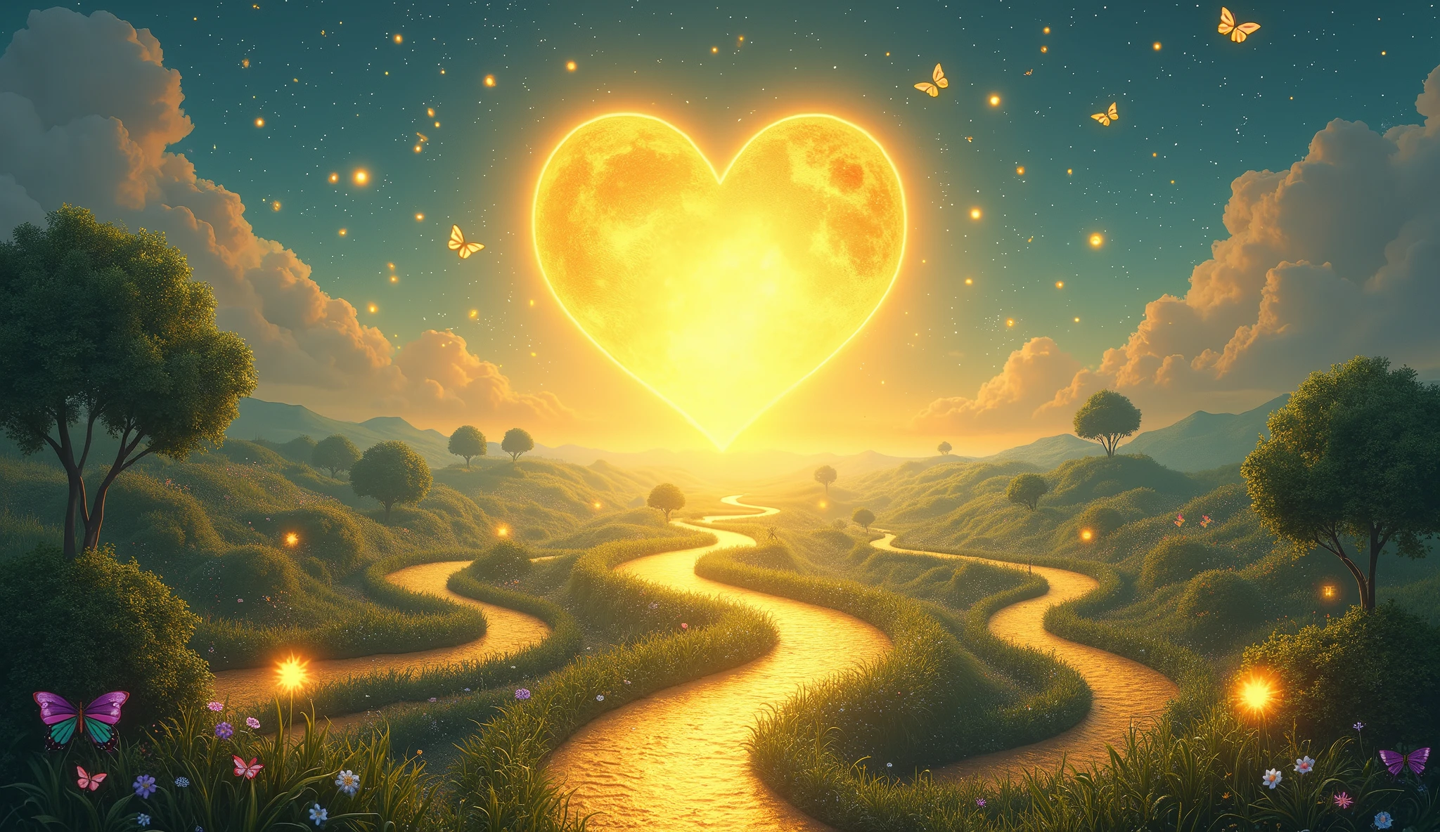 Arafed view of a heart shaped path leading to a river - SeaArt AI