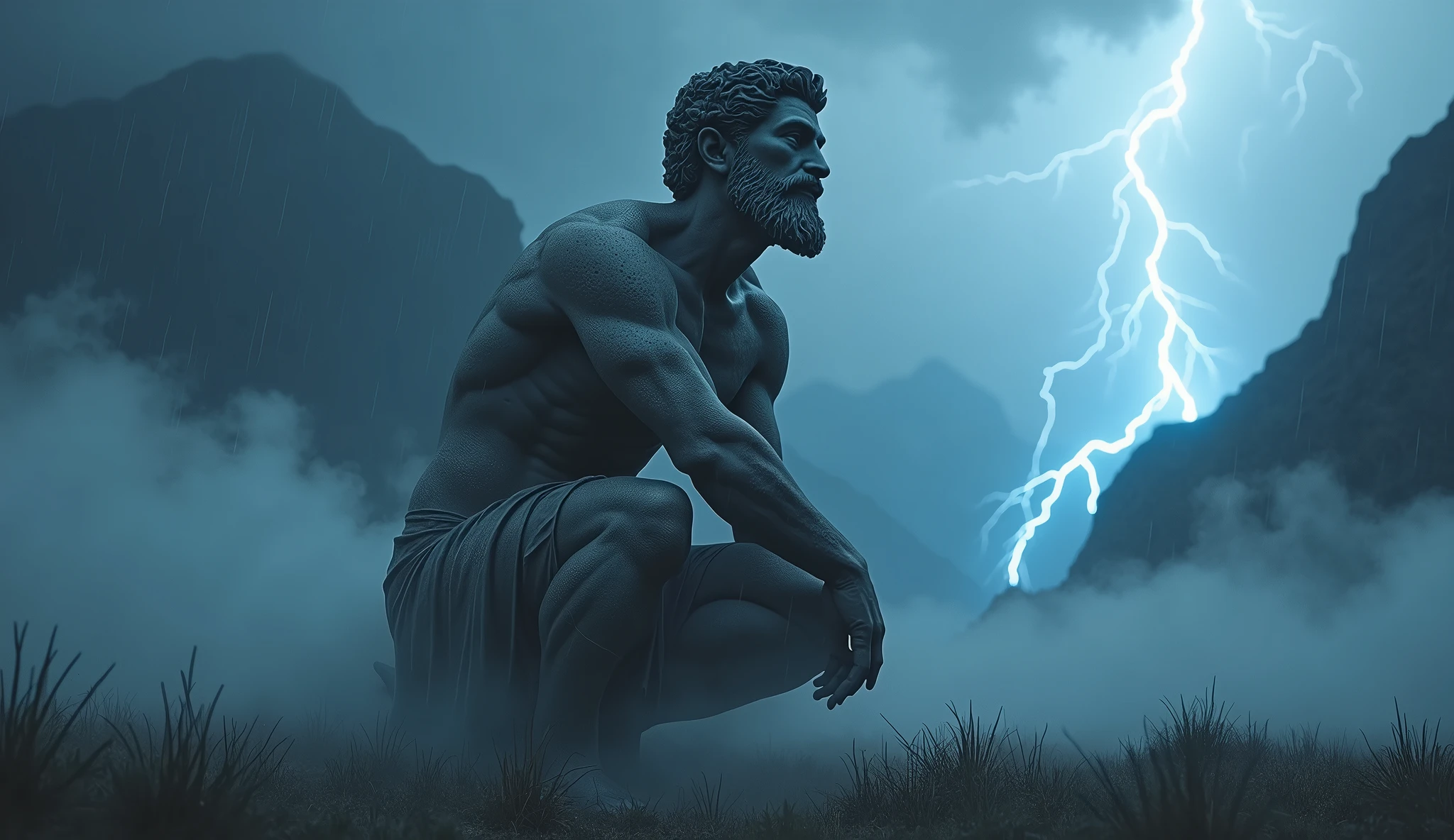 Arafed man sitting in a field with a lightning bolt in the background ...