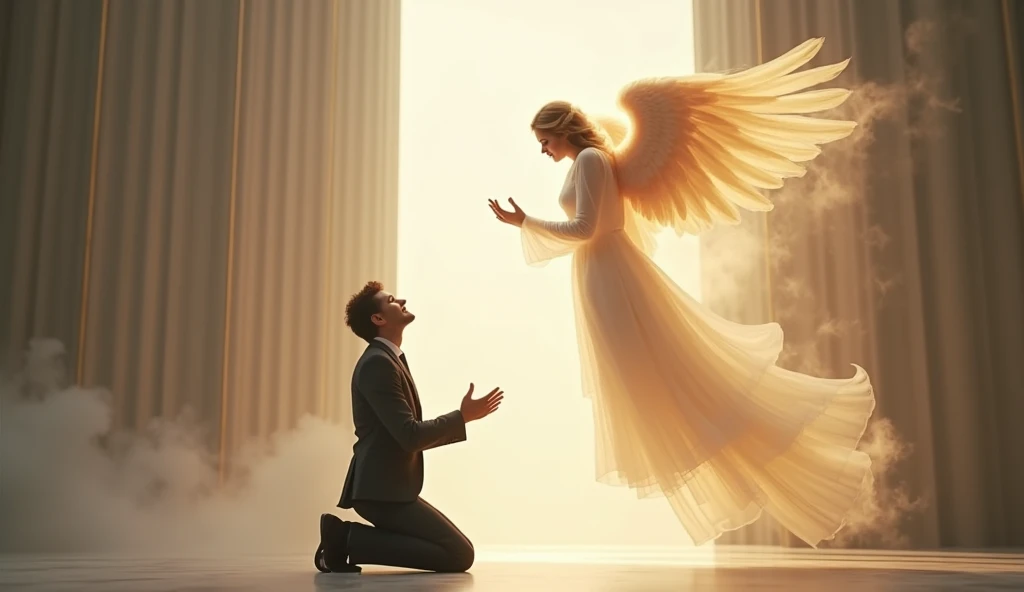 Image of an angel blessing a man at work in modern clothes praying to ...