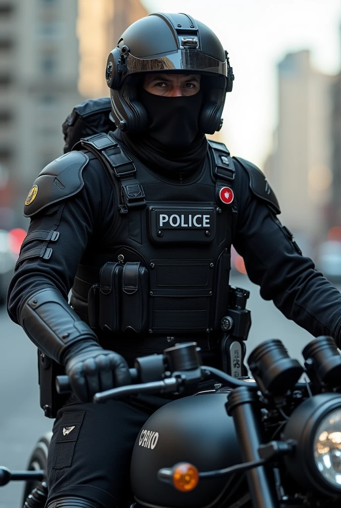 A motorcycle cop, dressed in all black and tactical with a modular ...