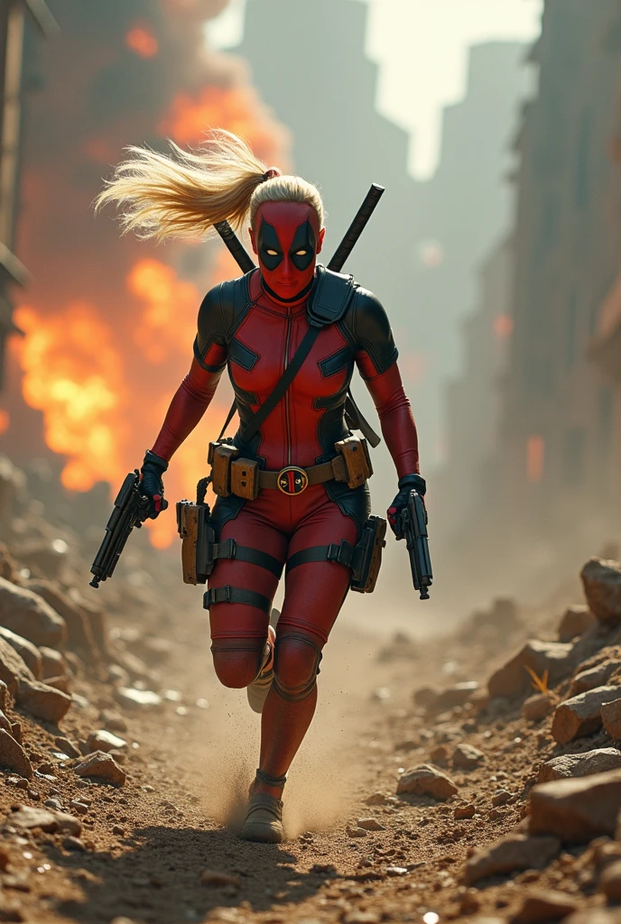 Lady Deadpool with blonde pony tail running through a post-apocalyptic ...