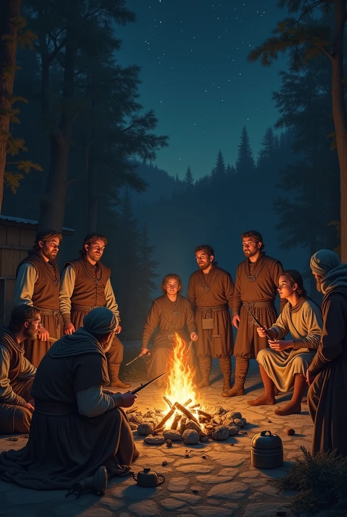 Medieval people sitting around a campfire - SeaArt AI