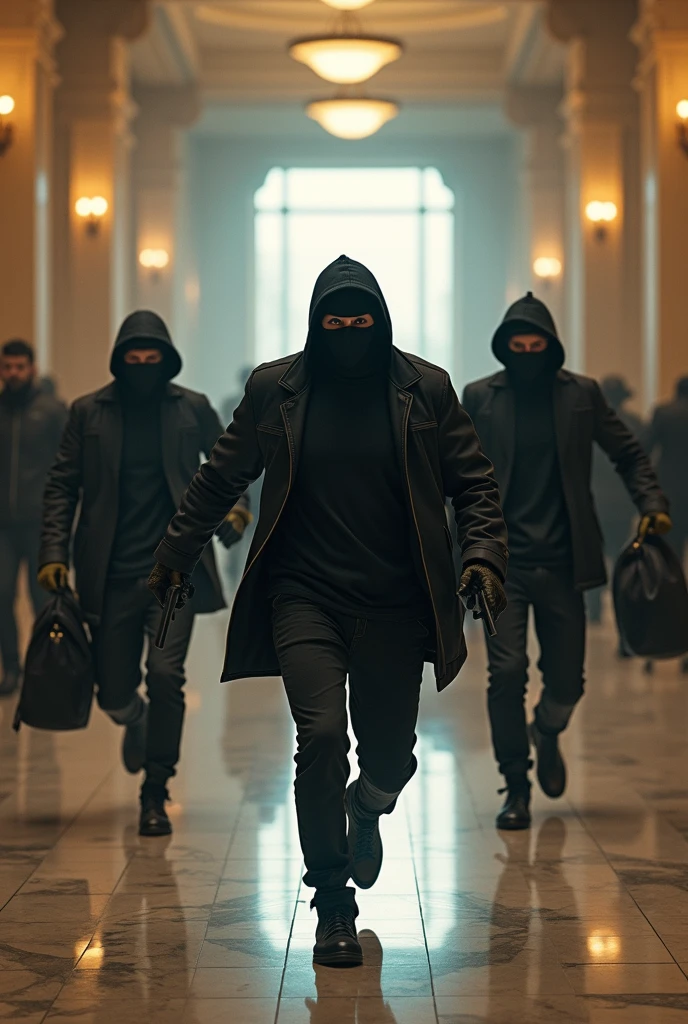 Make a realistic bank robbery image that has three masked guys - SeaArt AI