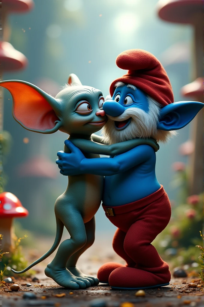 Dobby the elf from the harry potter movies is making out with the smurf ...