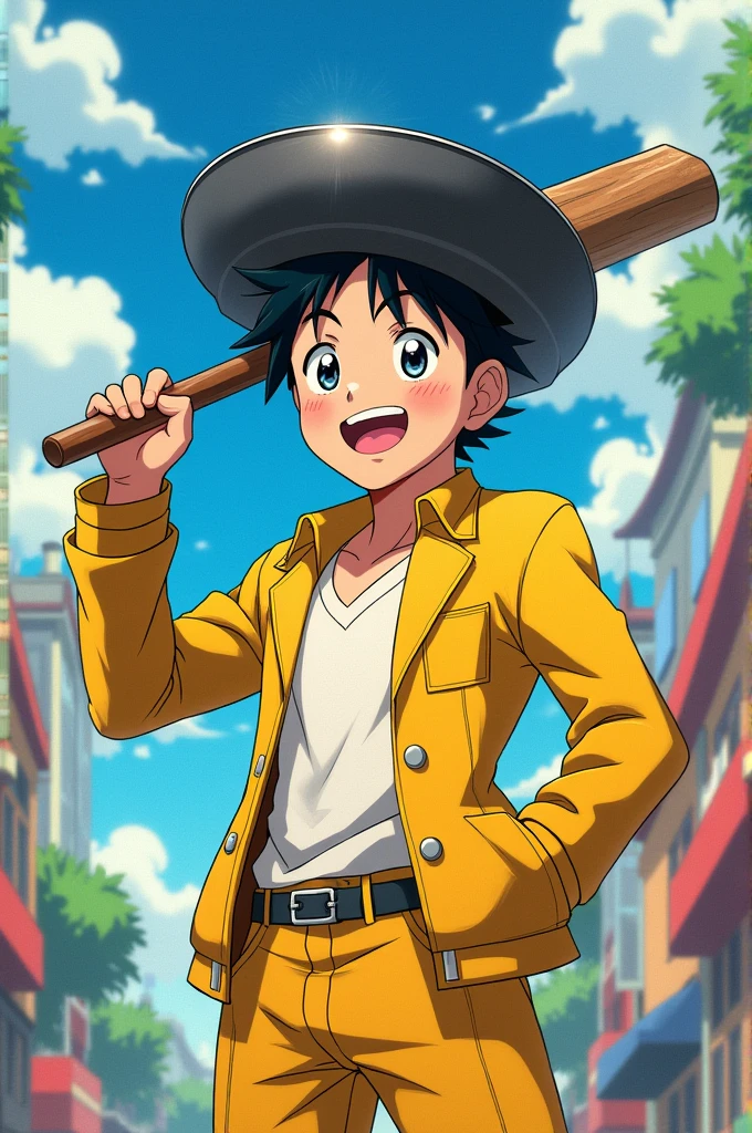 A Male Character With A Frying Pan On His Head And Yellow Anime Clothes ...