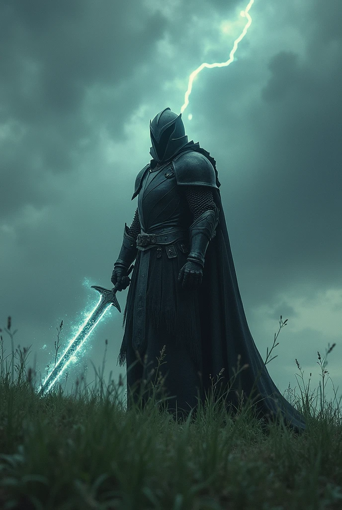 Dark fantasy kight in grass with a sword made of light is his side ...