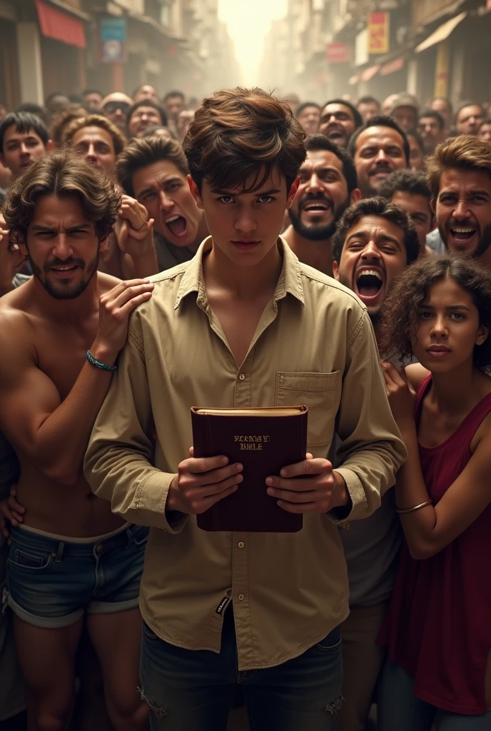 A young man with a Bible in his hand surrounded by envious people ...
