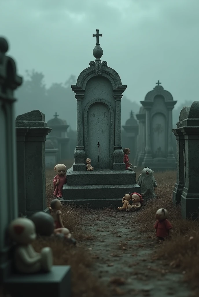 A cemetery in Jalisco, Mexico, a tomb surrounded by toys, detailed ...