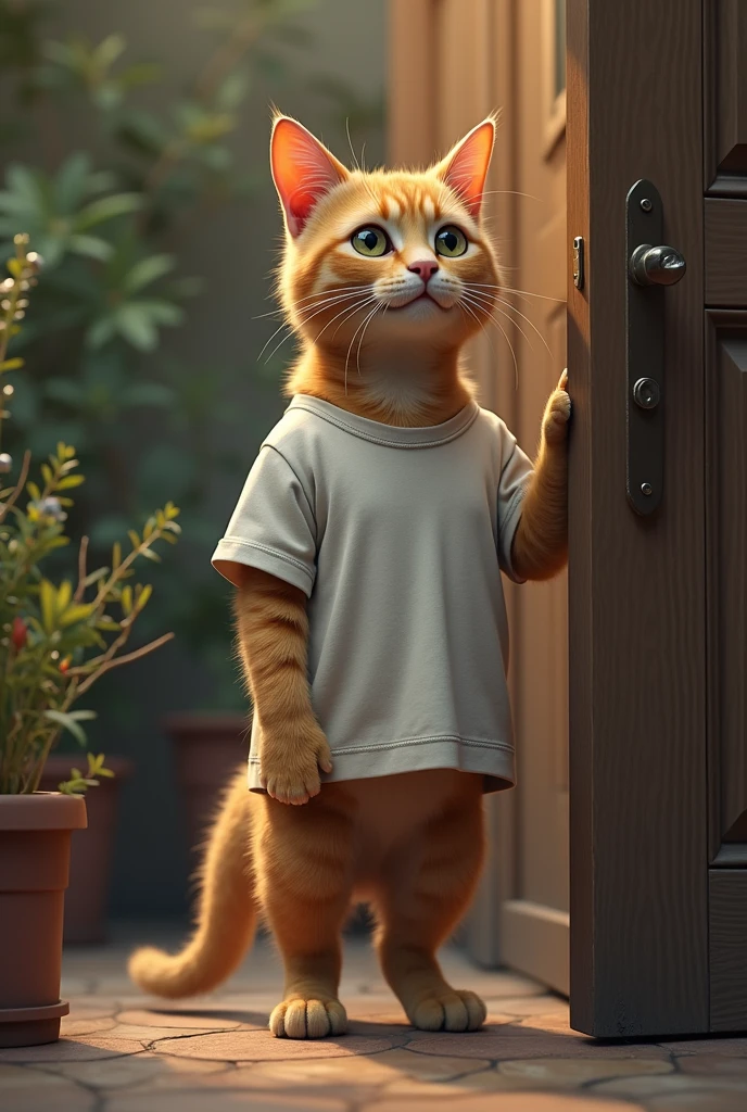 Cat Bipedal I'm at the front door Wearing a T-shirt - SeaArt AI