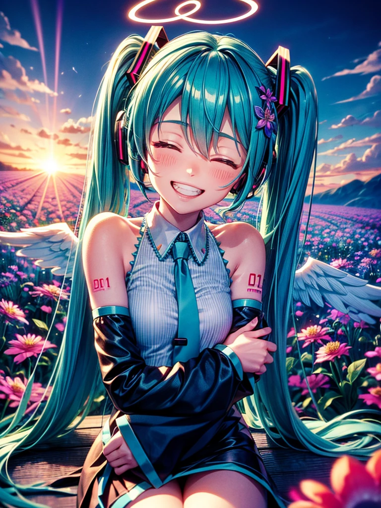 Hatsune Miku is smiling and hugging a big heart,White angel wings on ...