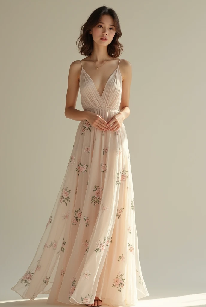 2 white woman wearing a long dress with flowers, discreet makeup ...