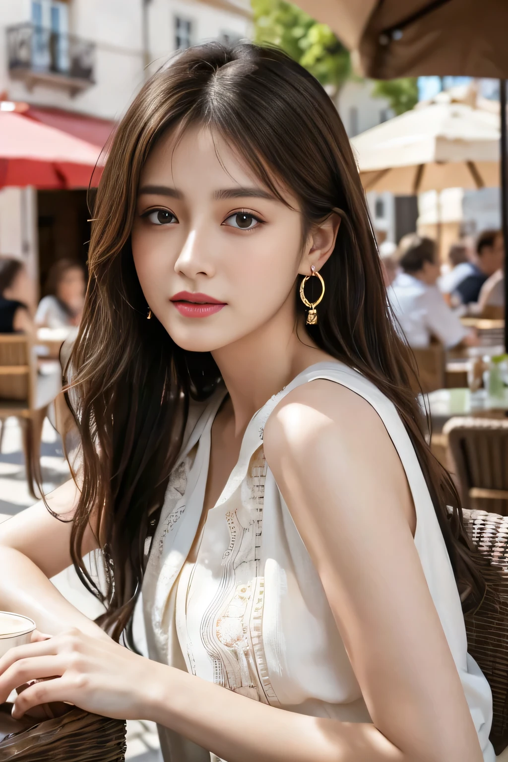 A woman sitting at a table with a glass of wine - SeaArt AI