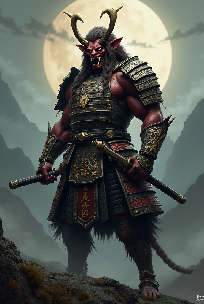 A half-human, half-oni samurai with brown braided hair - SeaArt AI