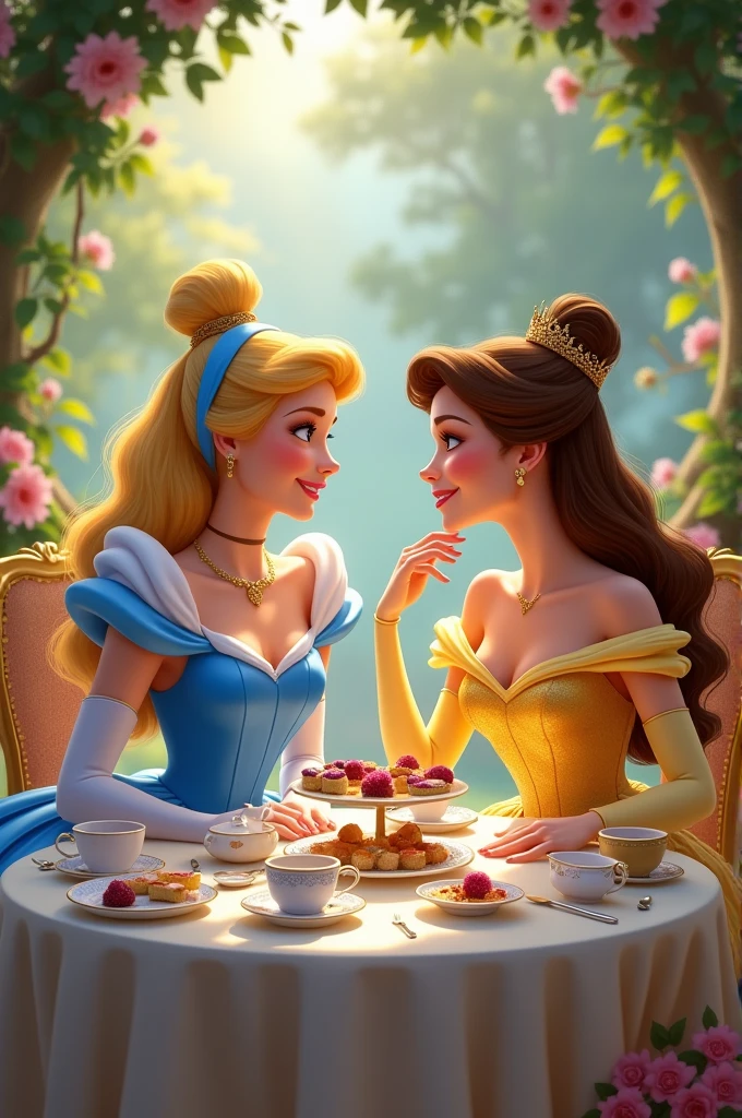 Cinderella and Belle the Disney princesses are having a tea party ...