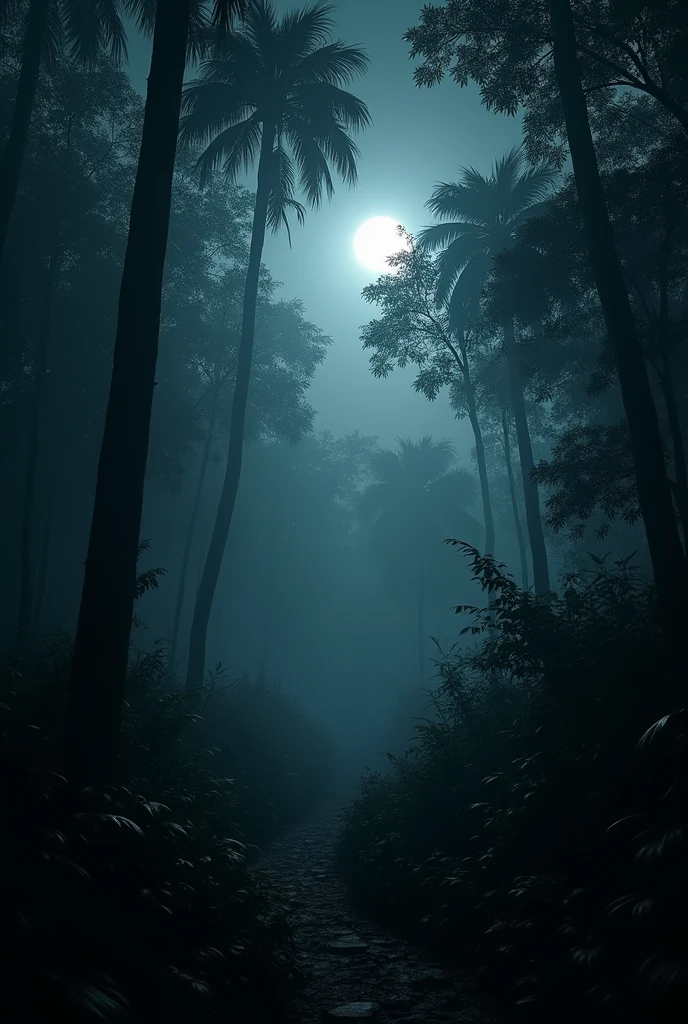 A dense, dark jungle at night with tall trees and a thick mist - SeaArt AI