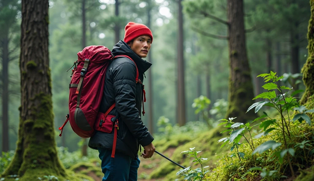 A handsome Indonesian man named Yudis with straight hair, wearing a red ...