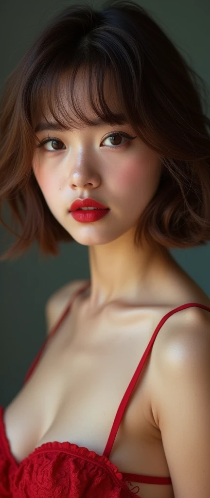 Boycut brown shining hair, (RAW photo), (realism: 1.8), (gloss red lipstick - SeaArt AI