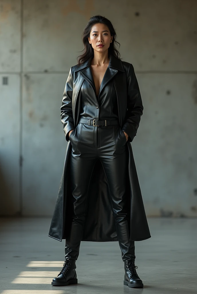 Tall Asian middle-aged woman standing with legs slightly apart wearing ...