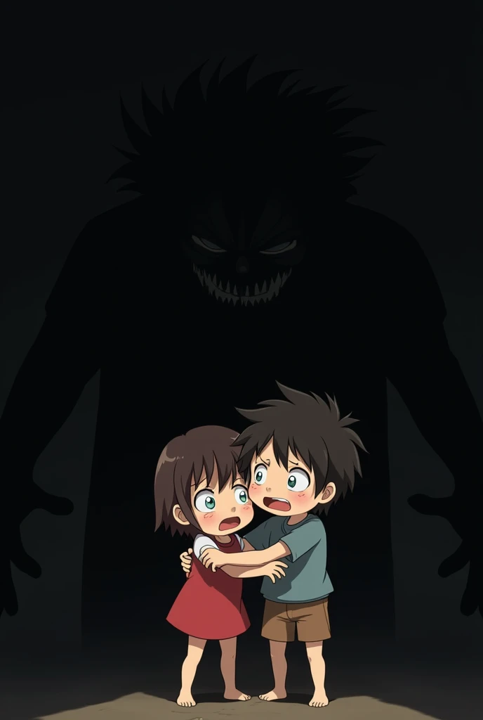 Two anime children hugging each other and scared and frightened - SeaArt AI